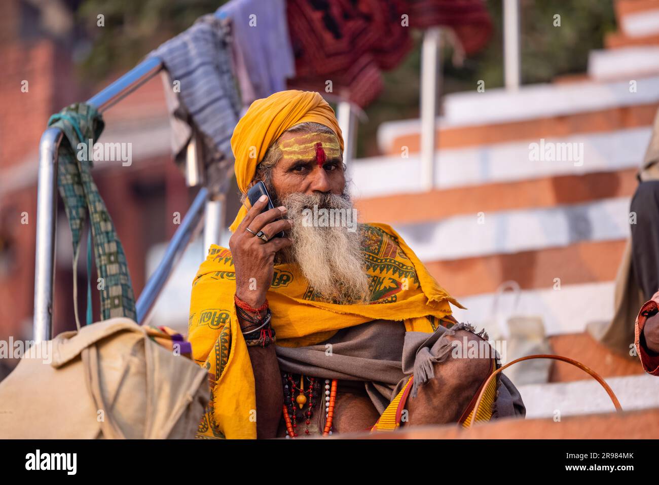 Portrait of Unidentified Indian holy sadhu male sittings at kedar ghat ...