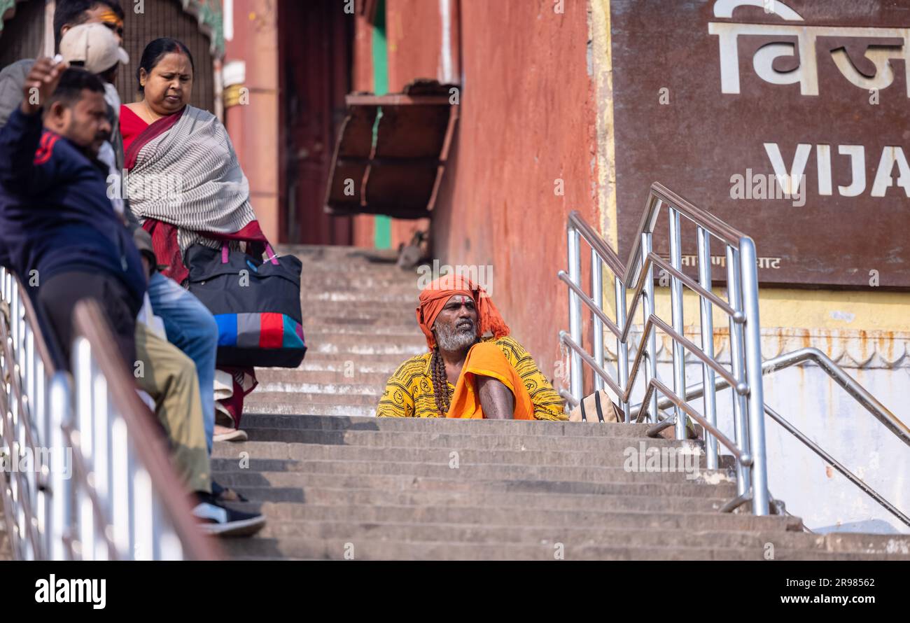 Portrait of Unidentified Indian holy sadhu male sittings at kedar ghat ...