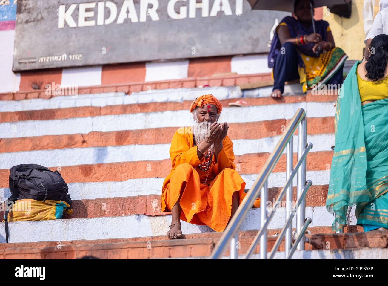 Portrait of Unidentified Indian holy sadhu male sittings at kedar ghat ...