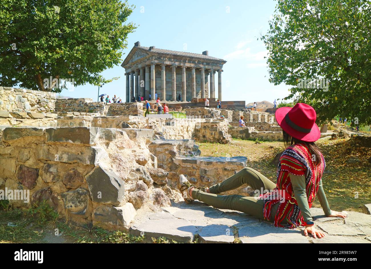 Female Visitor Enjoying Impressive View of the Ancient Garni Pagan ...