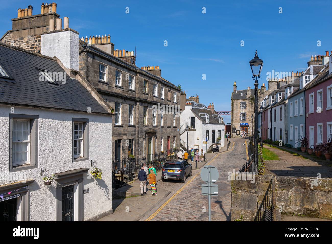 South Queensferry town along main street at Firth of Forth in Scotland ...