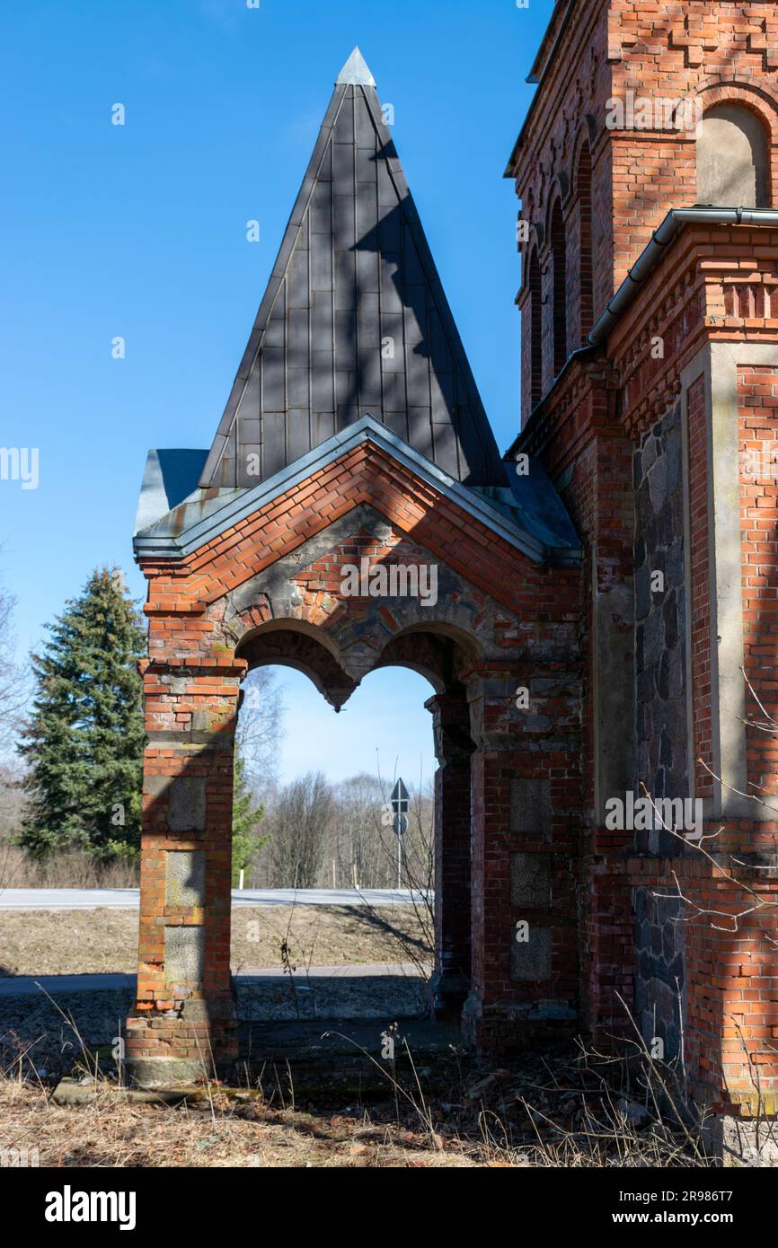 beautiful spring landscape with ruins of old church fragments, former ...