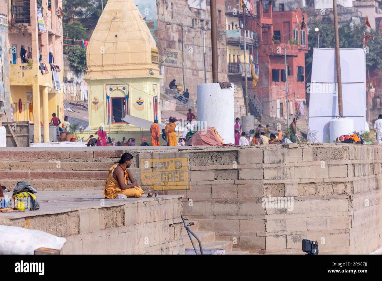 Portrait of Unidentified Indian holy sadhu male sittings at kedar ghat ...