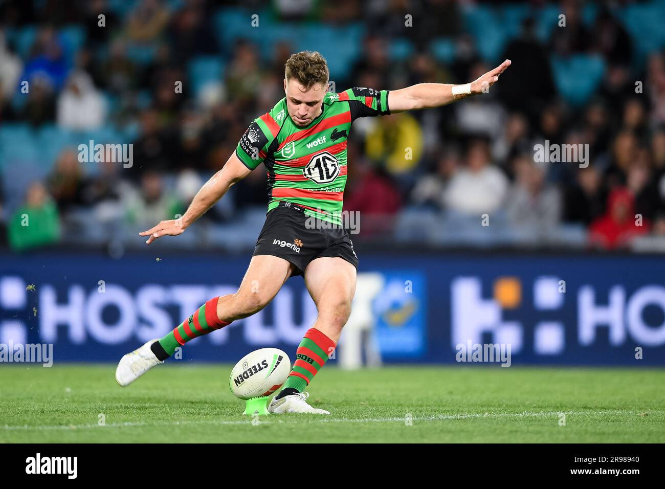 Sydney, Australia. 25th June, 2023. Blake Taaffe of the Rabbitohs kicks ...