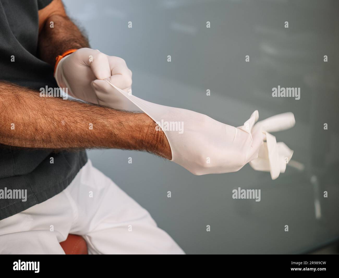 Doctor puts on latex gloves before proceeding to perform his work Stock ...