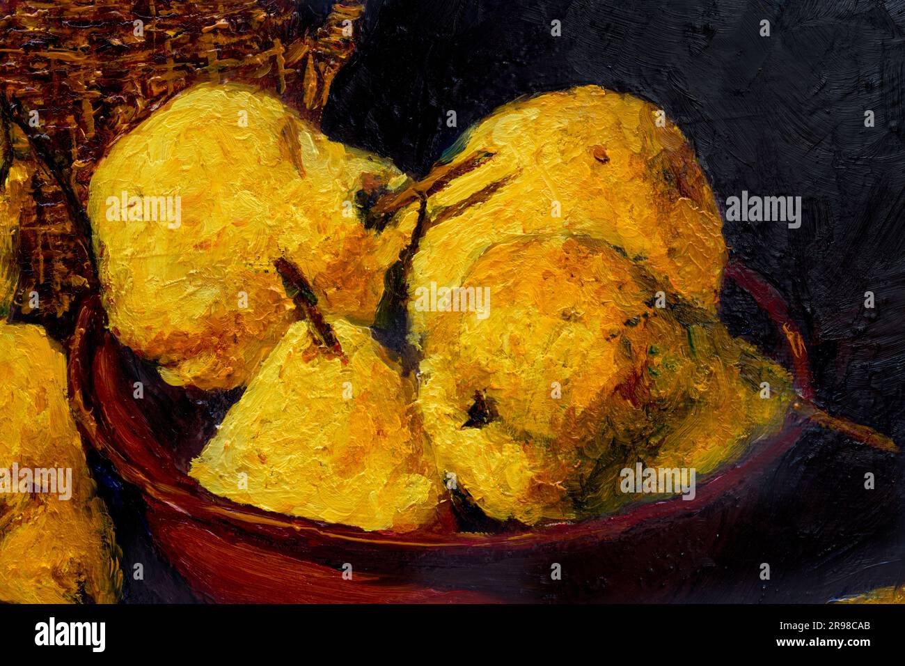still life with pears in a clay plate on a black background, original ...