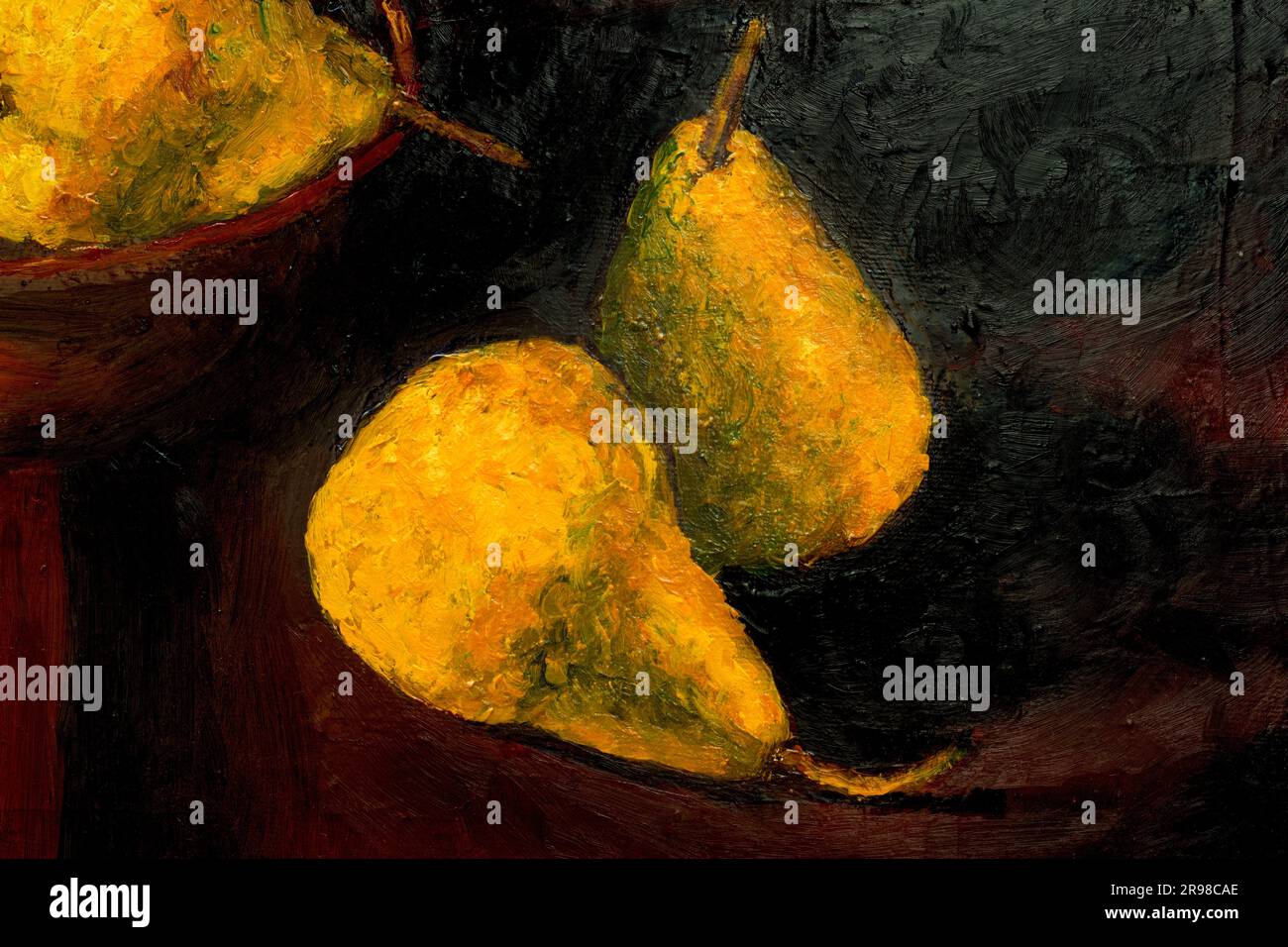 still life with pears in a clay plate on a black background, original ...