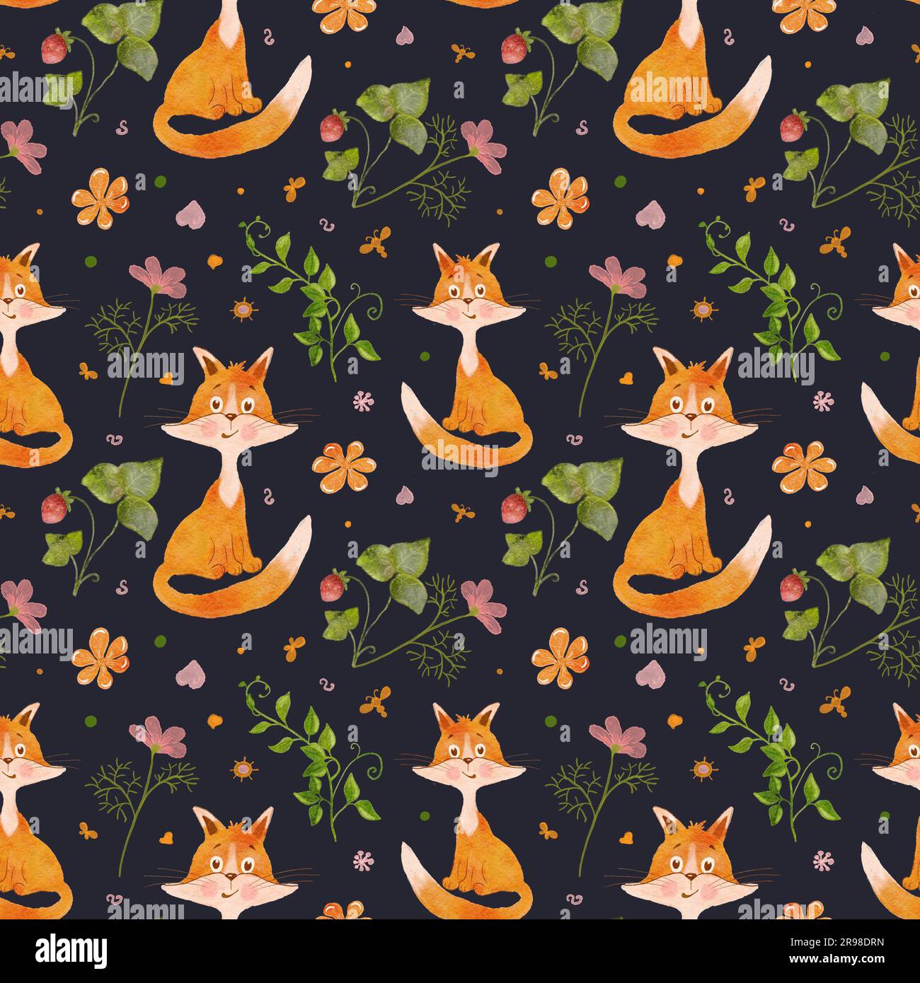 Red fox. Seamless pattern with a fox in flowers on a dark background ...