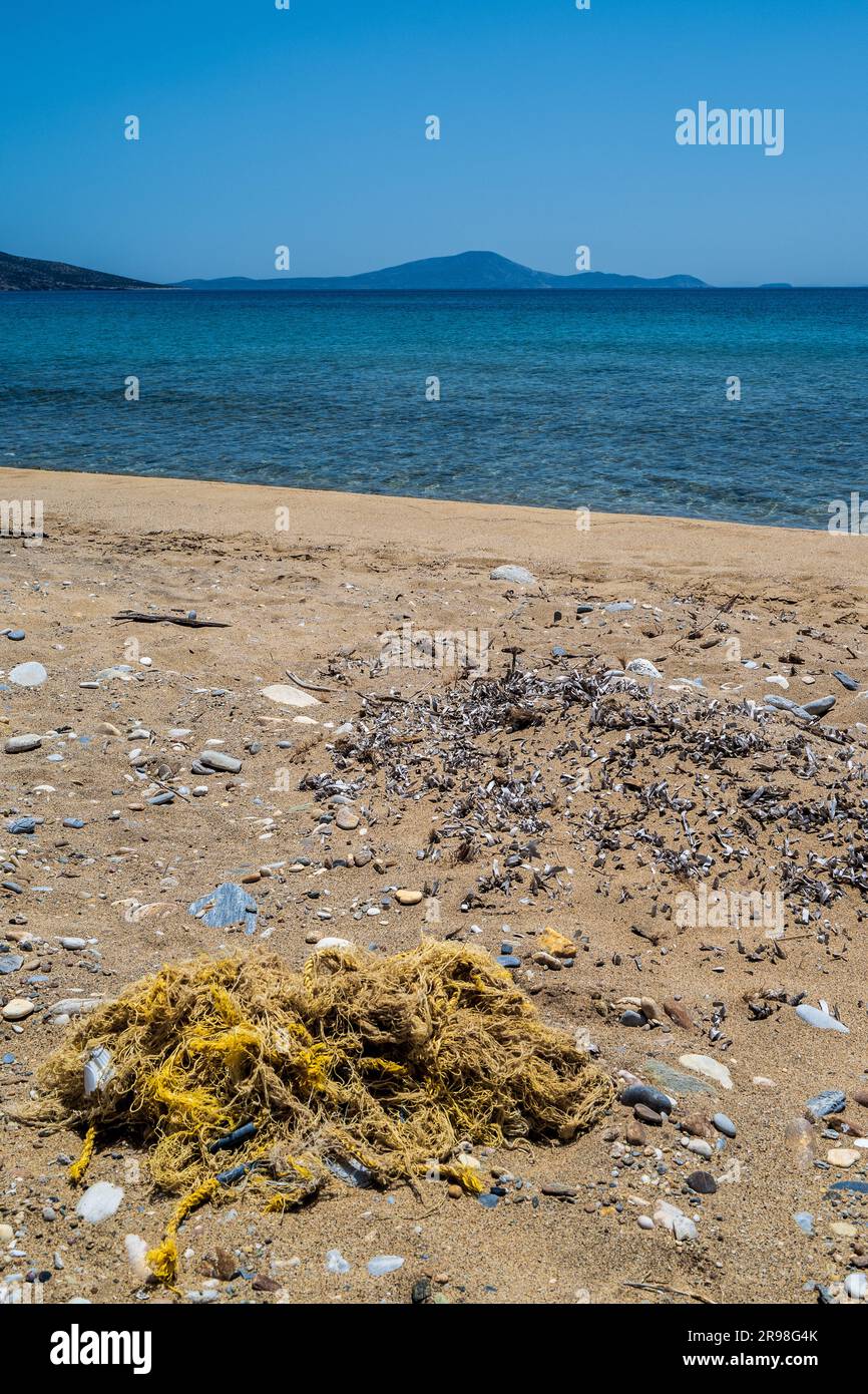 Tangled fishing net in the sand. Unnecessary trash polluting the ...