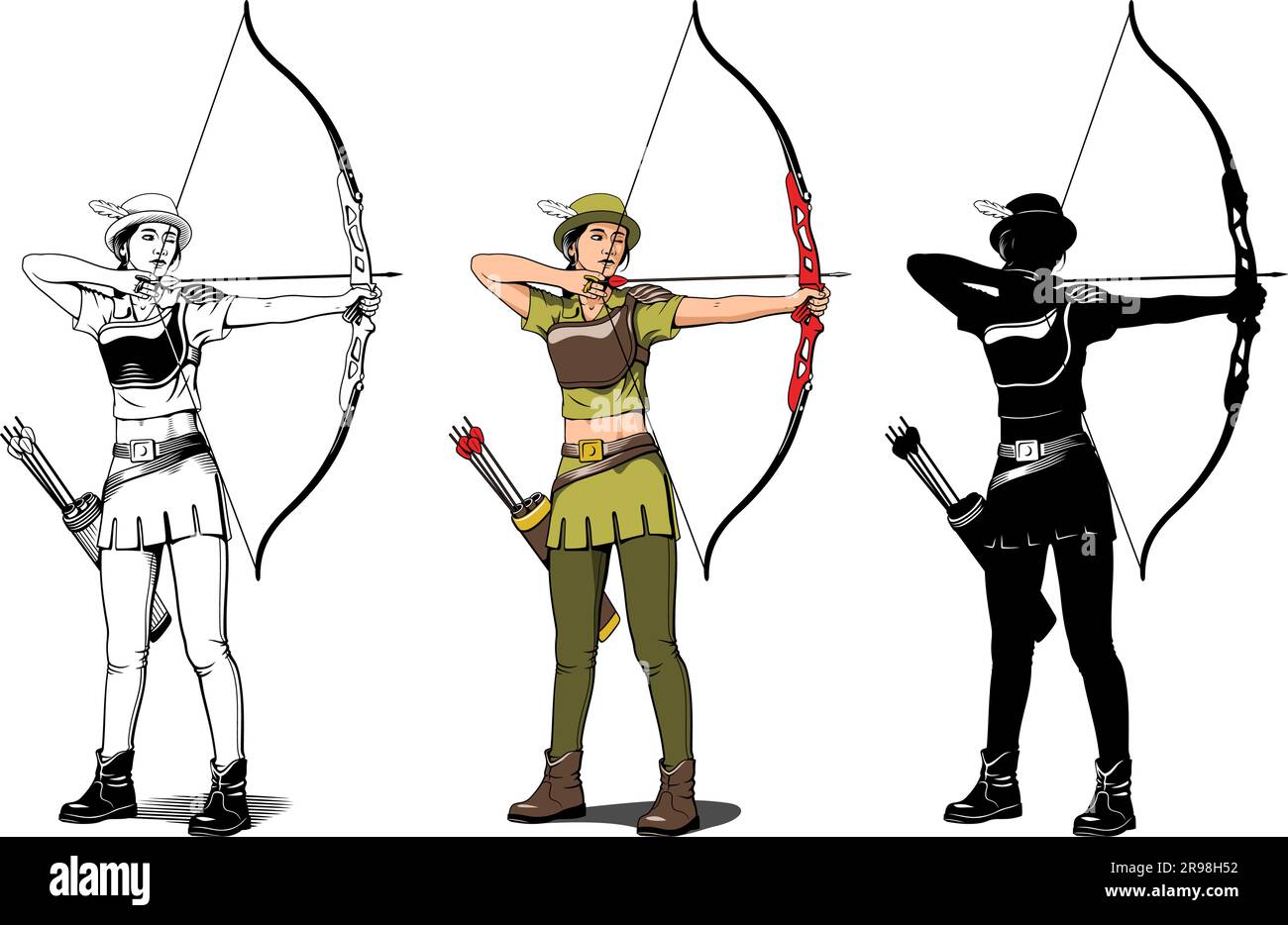 Archer Character. Young Girl aiming a target. Sports archery. Outline, Color and Silhouette ...