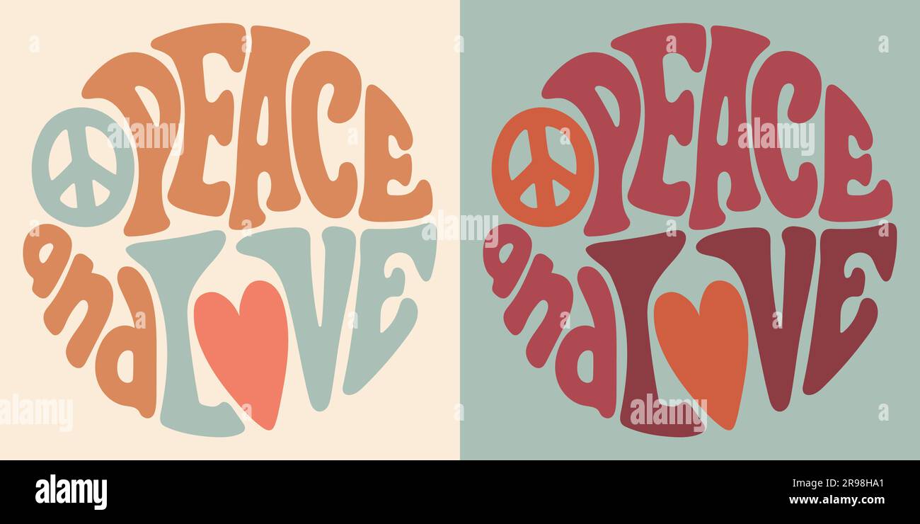 Groovy lettering Peace and Love. Retro slogan in round shape. Trendy groovy print design for ...