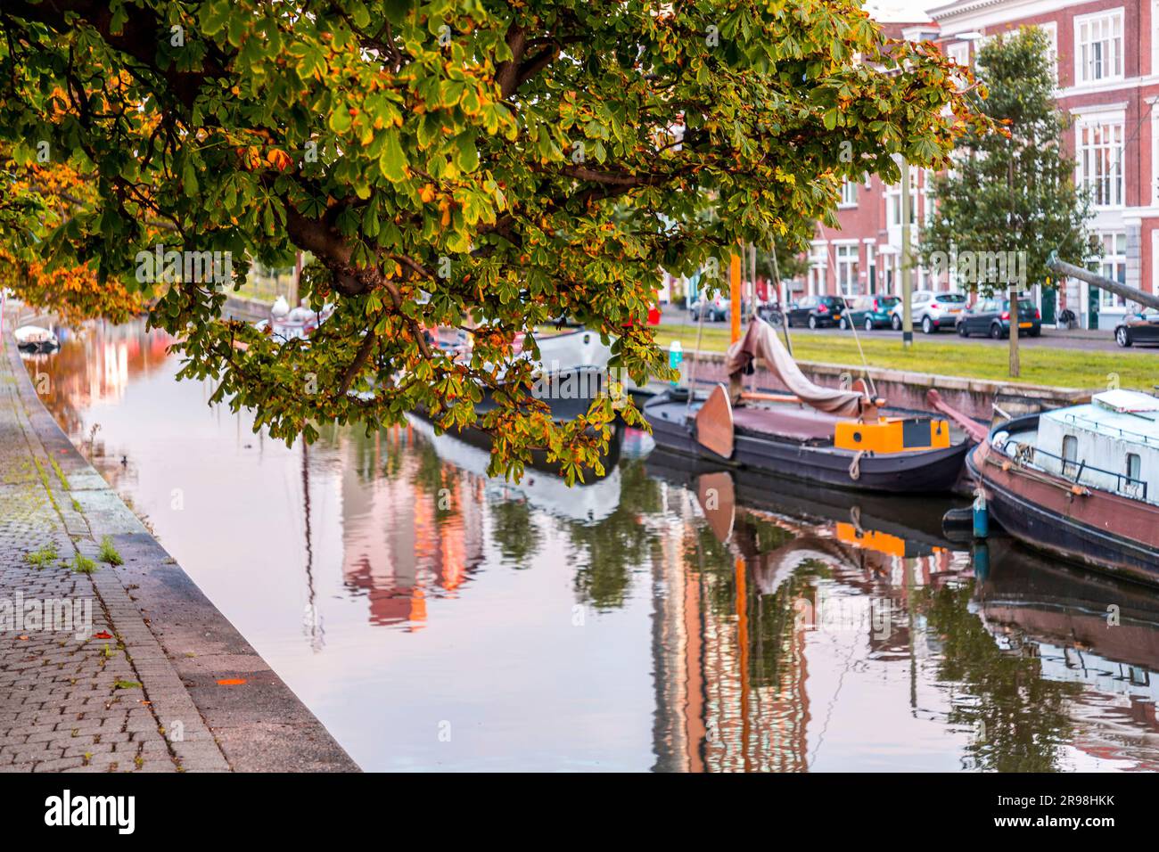 Street view and beautiful canals in The Hague, Den Haag in Dutch. The ...