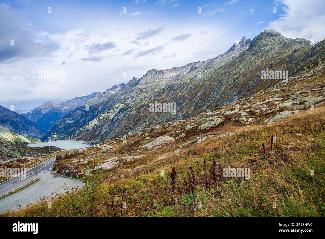Mountain landscape with lake and high peaks in the Alps, Switzerland ...