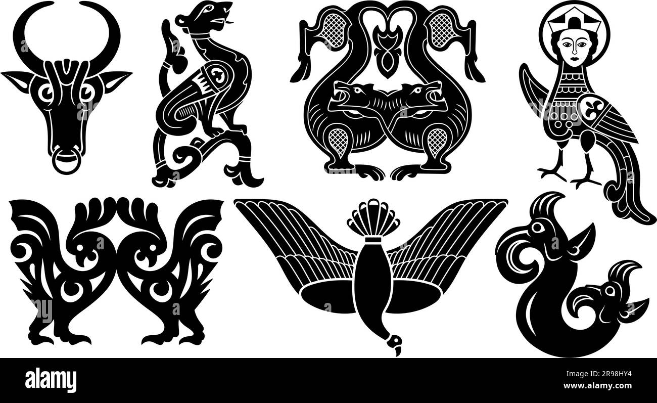Set of Ancient Slavic Animal Designs. Vector silhouettes isolated on ...