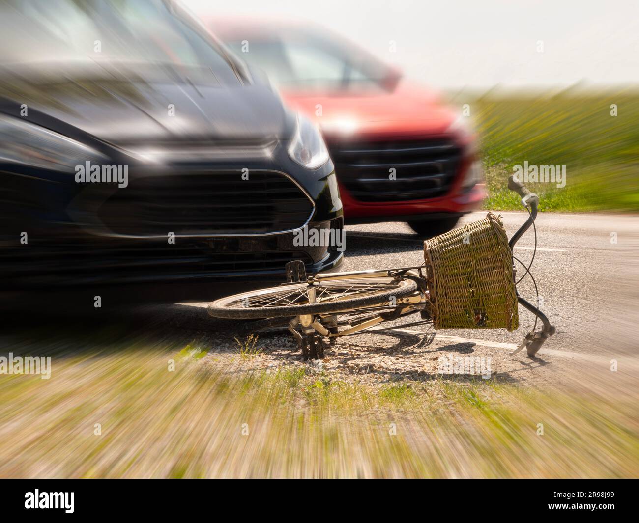 Accident with bicycle and cars on highway. No people. Zoom effect and ...