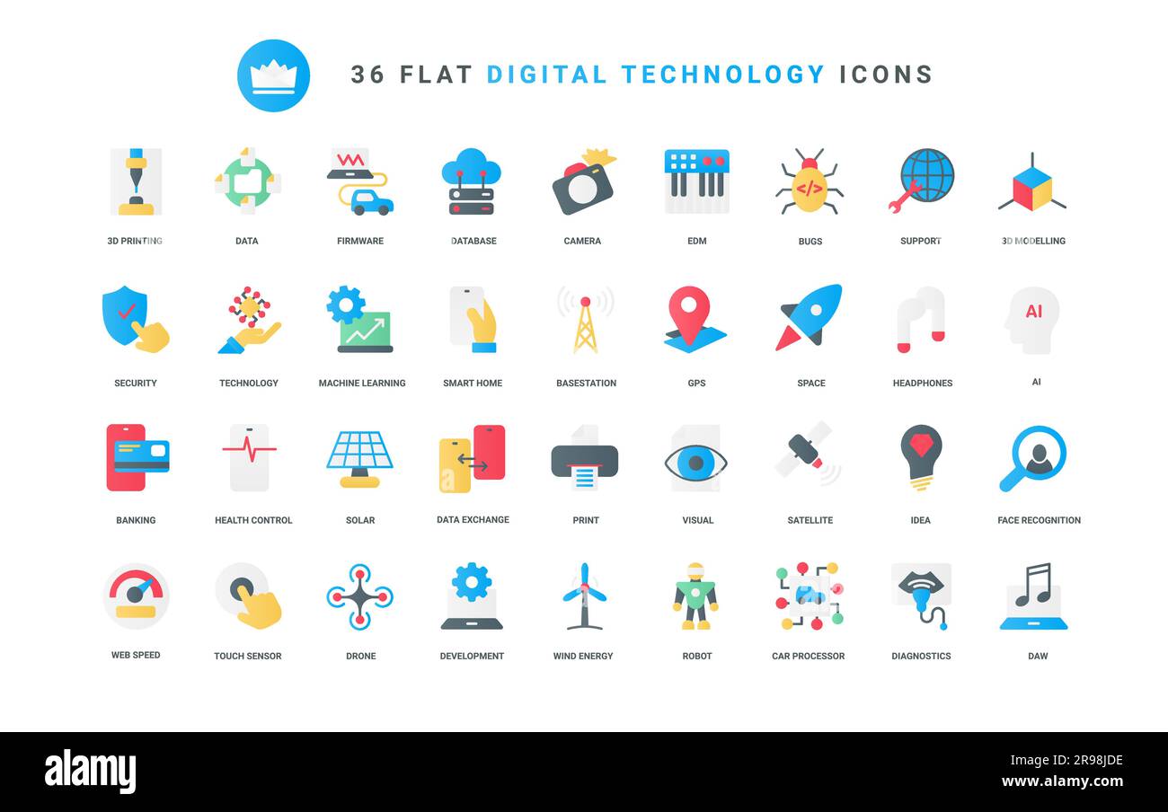 Vector illustration set of trendy flat color icons digital technology ...