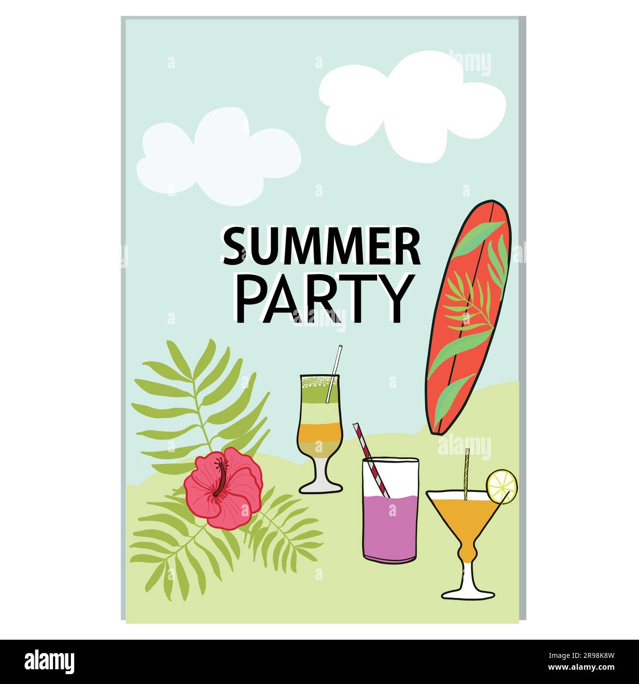 Summer Party greeting card with fruit cocktails, skater and tropical ...