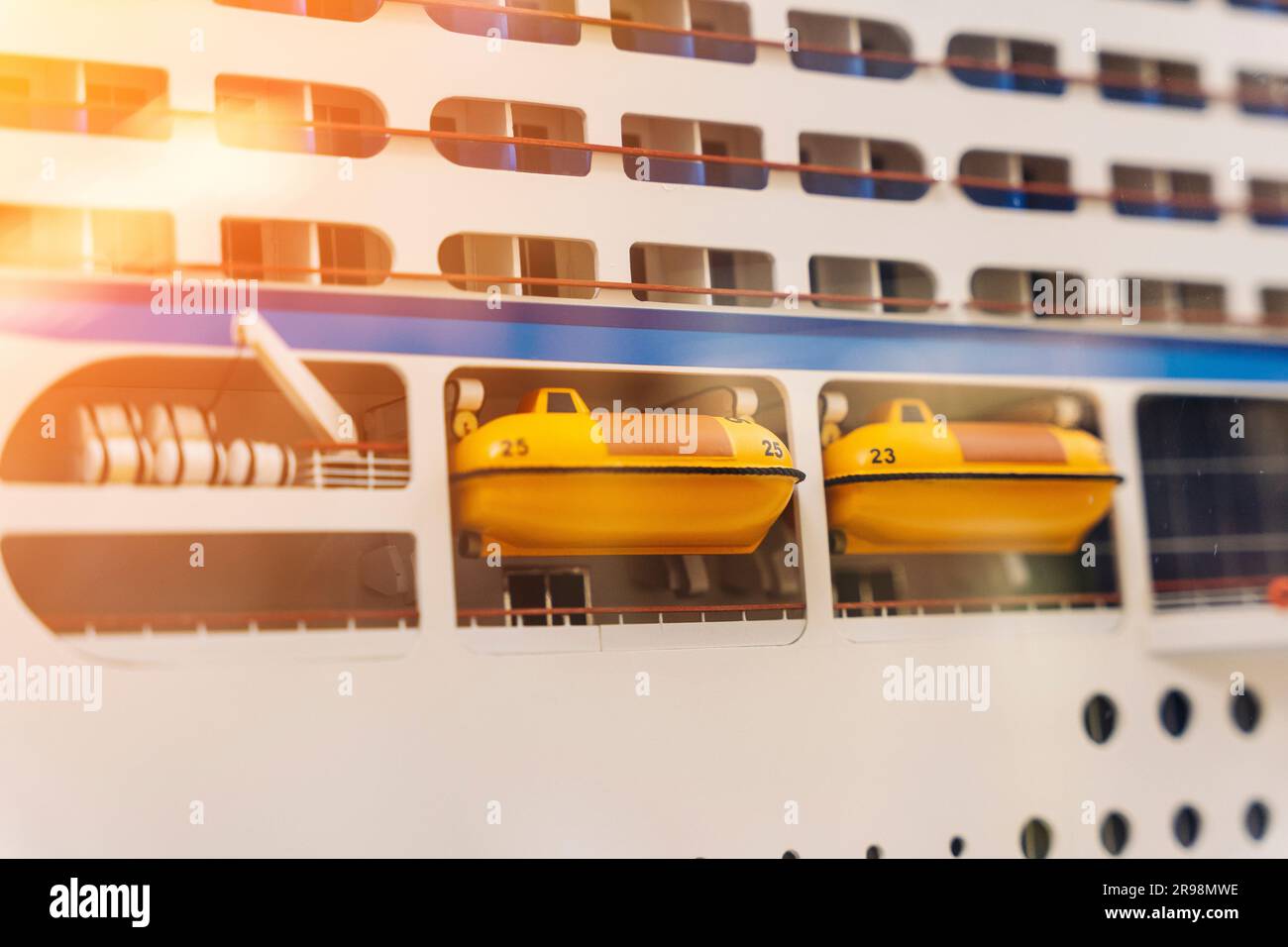 side view of a huge snow-white ocean liner. A large-scale model of a ...