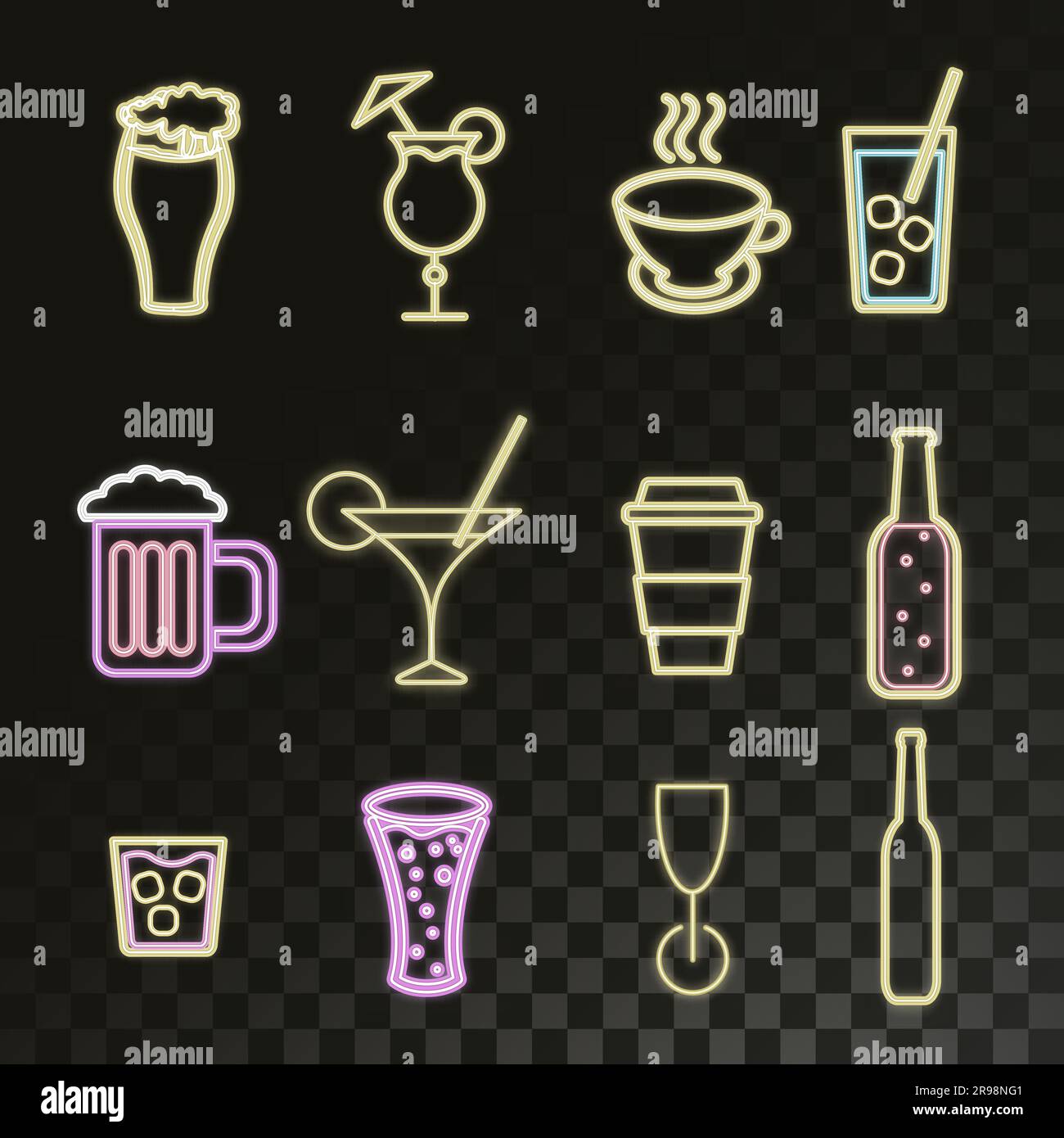 A large neon set of bright alcoholic abstract drinks, cocktails, beer ...
