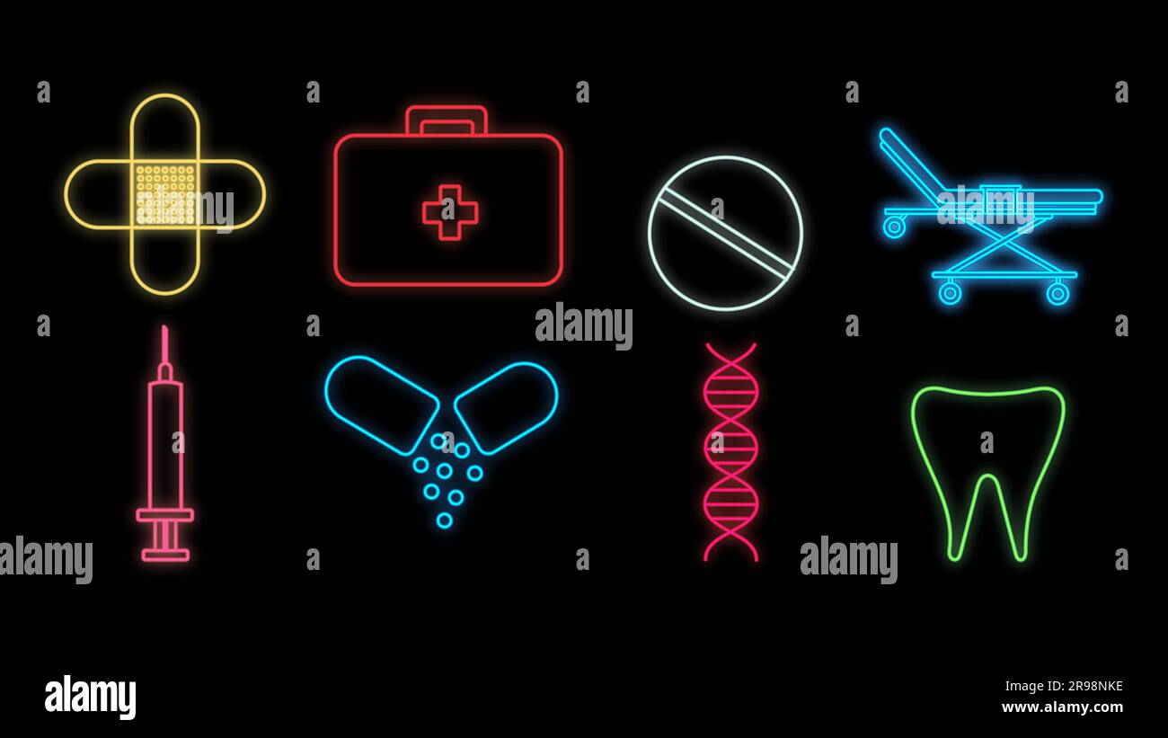 Set of bright luminous multi-colored medical neon signs for a pharmacy ...