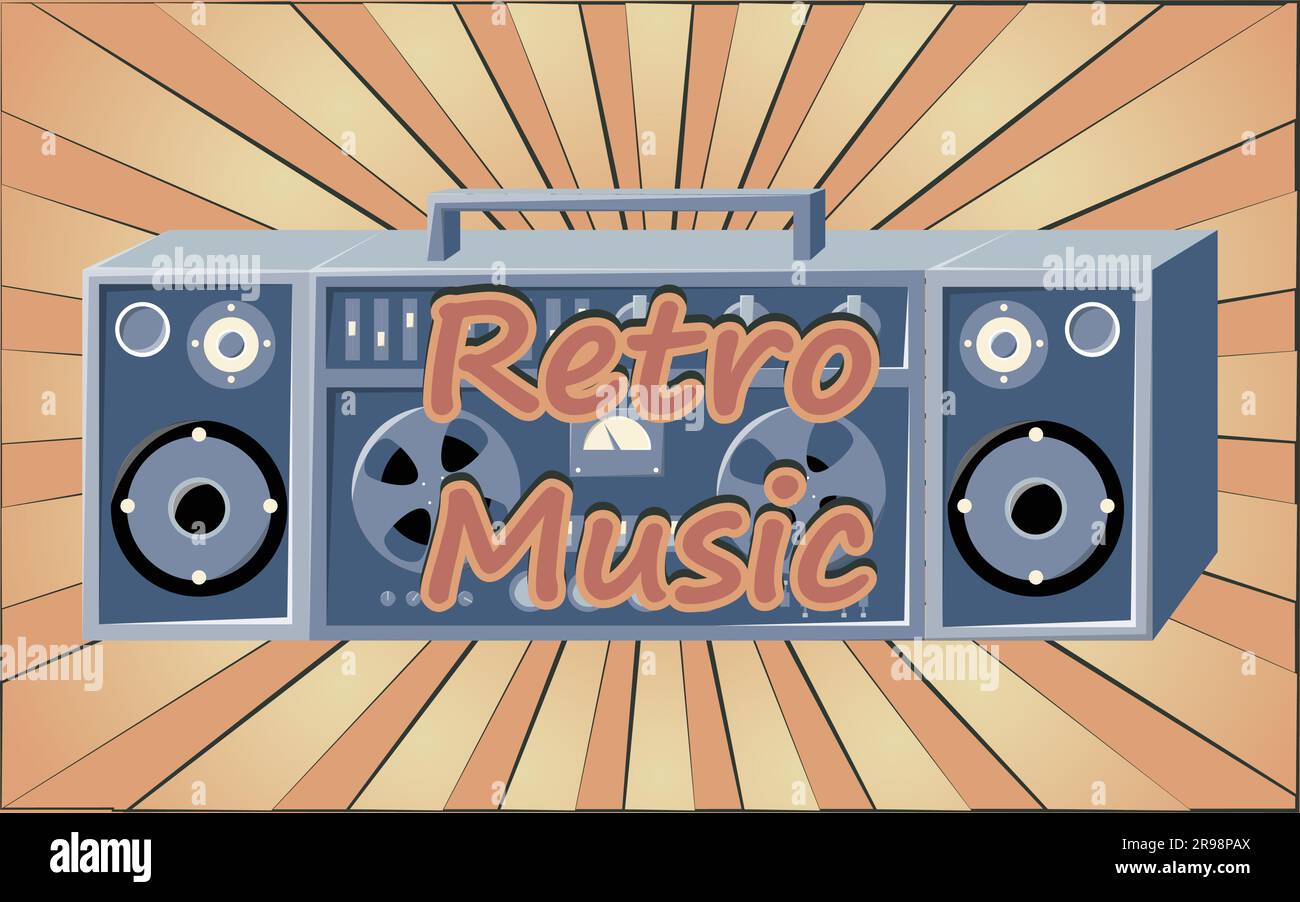 Old retro vintage poster with music cassette tape recorder with ...