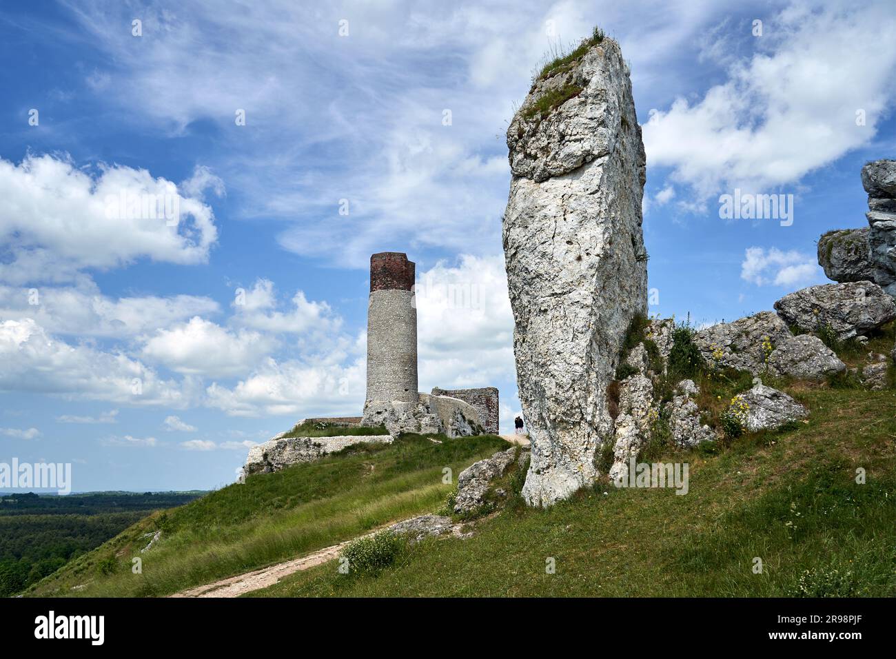 Limestone rocks and ruins of a medieval castle with a tower in Olsztyn ...