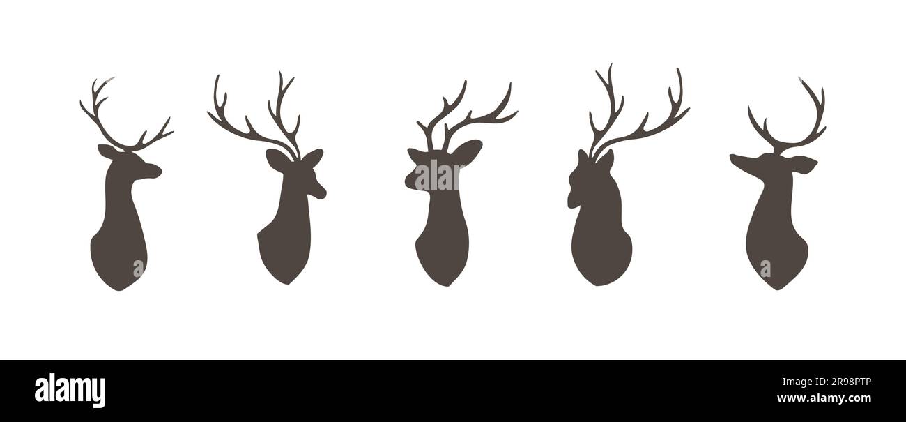 Set of deer heads. Black silhouettes wild animals with antlers on white ...