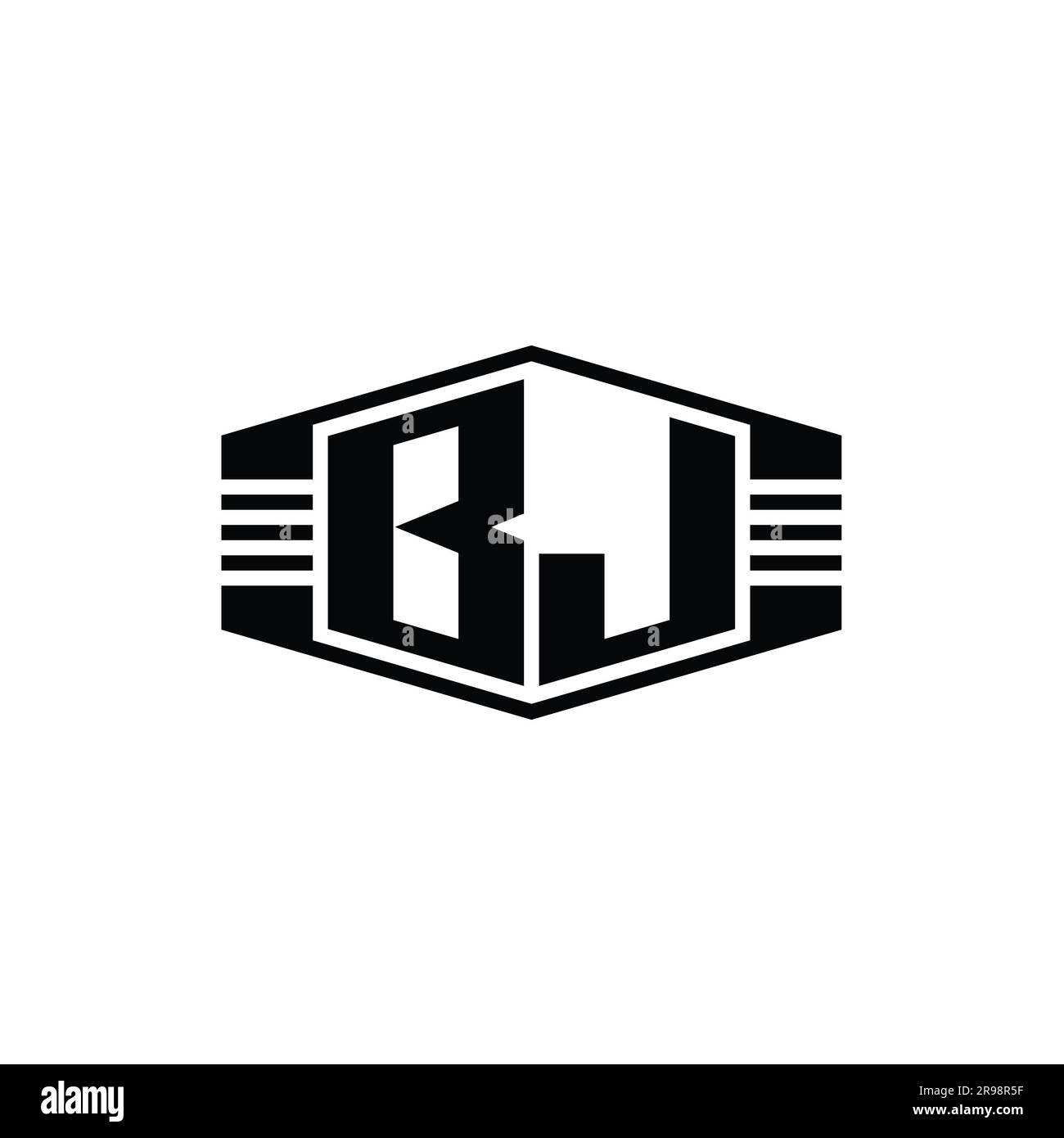 BJ Letter Logo monogram hexagon emblem shape with stripes outline style ...