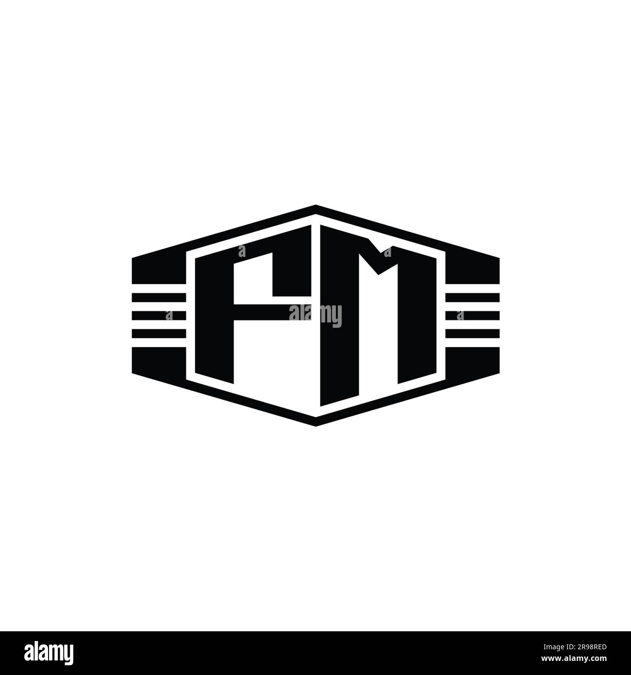 FM Letter Logo monogram hexagon emblem shape with stripes outline style ...