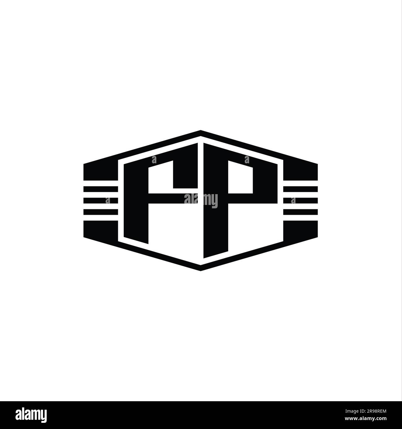 FP Letter Logo monogram hexagon emblem shape with stripes outline style ...
