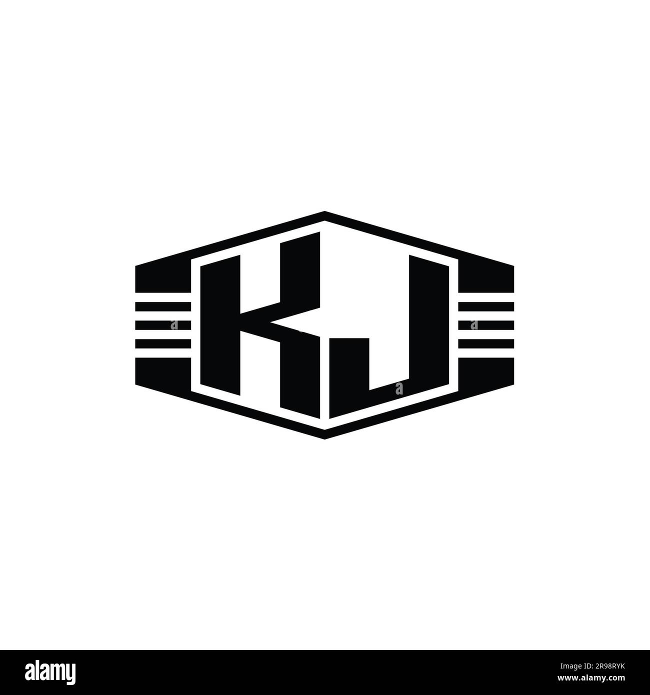 KJ Letter Logo monogram hexagon emblem shape with stripes outline style ...