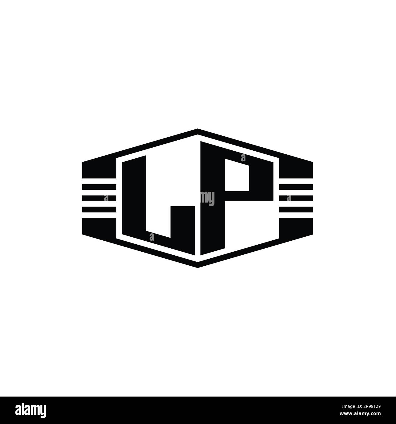 LP Letter Logo monogram hexagon emblem shape with stripes outline style ...