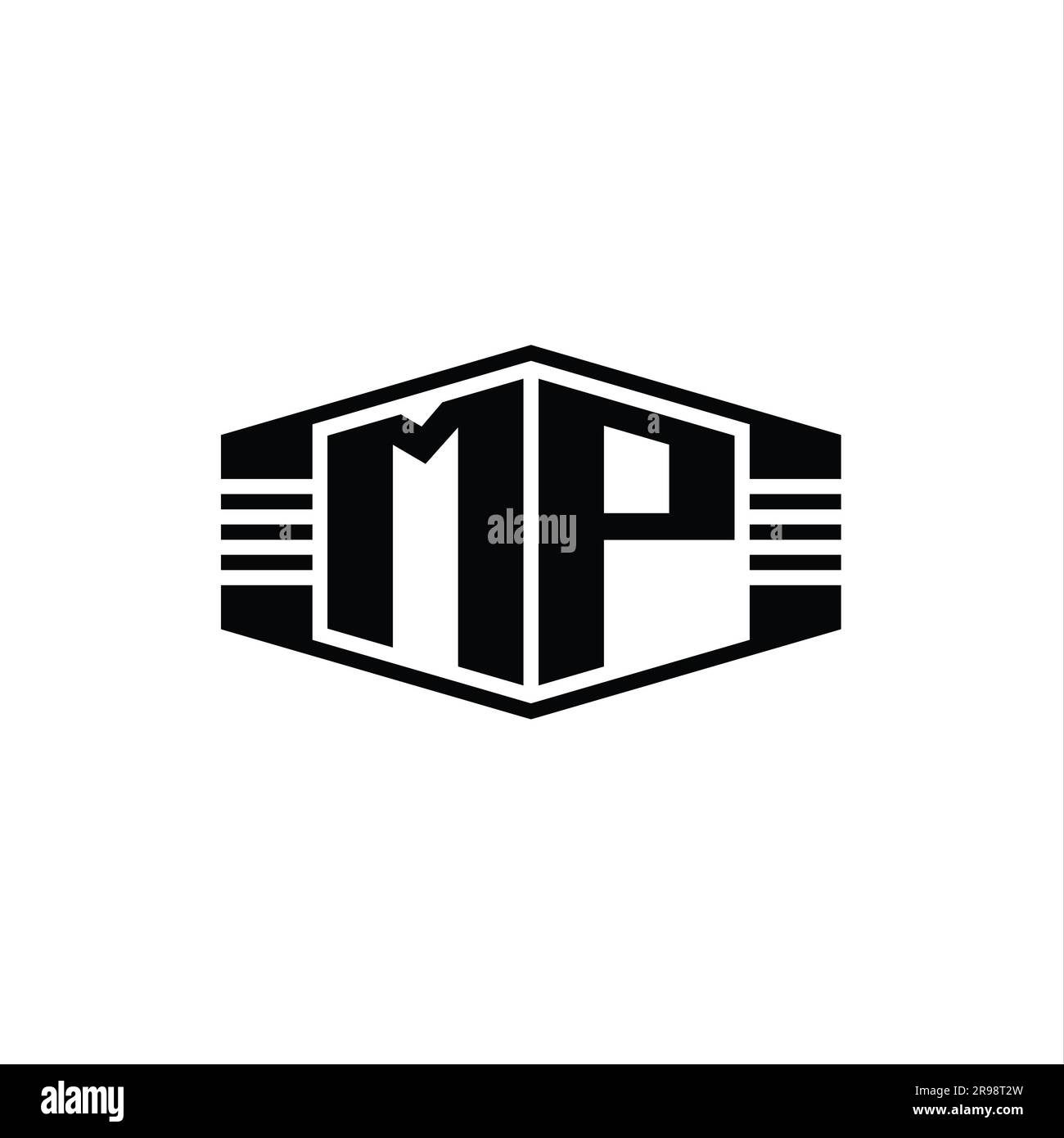 MP Letter Logo monogram hexagon emblem shape with stripes outline style design template Stock ...