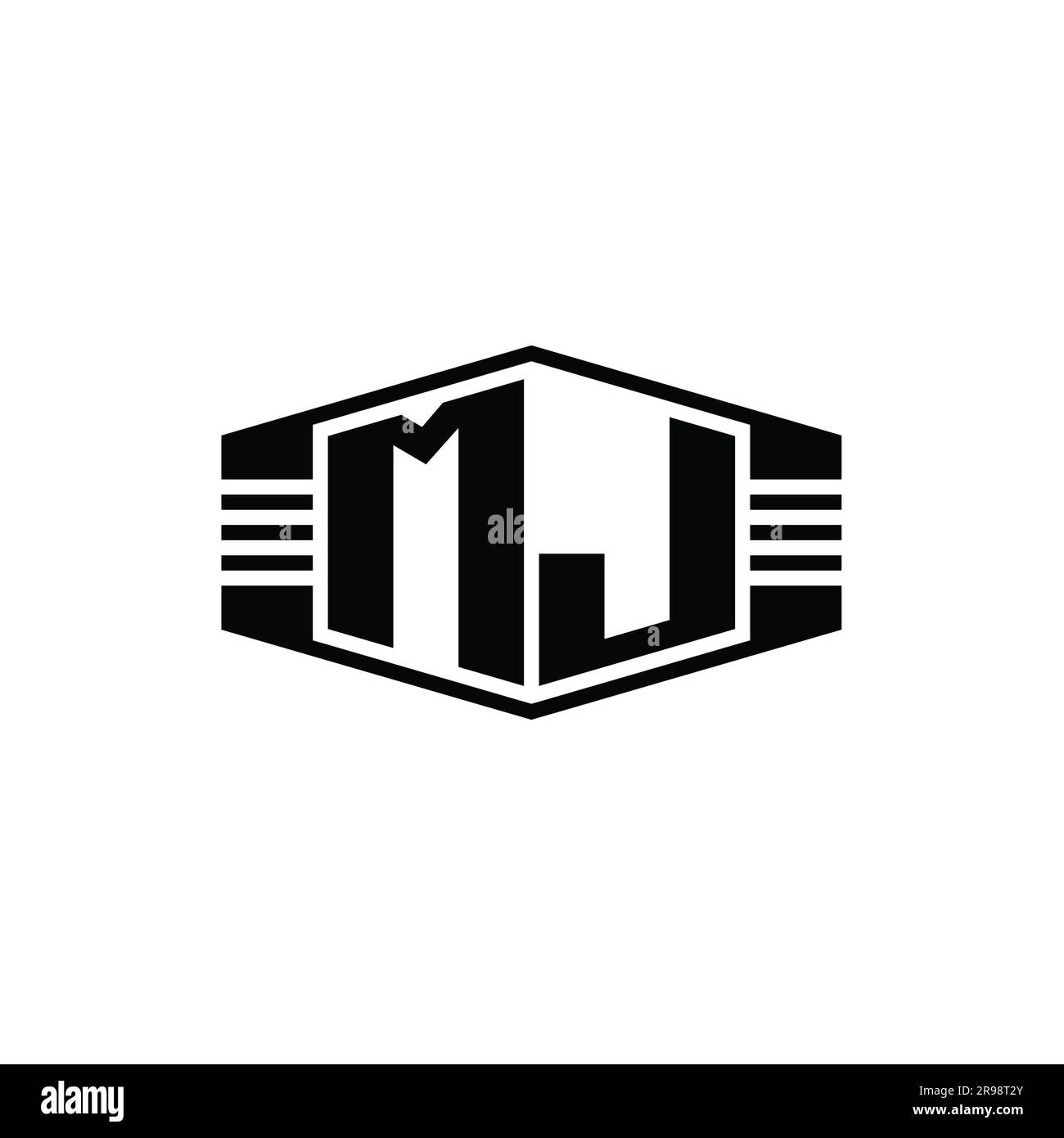 MJ Letter Logo monogram hexagon emblem shape with stripes outline style ...