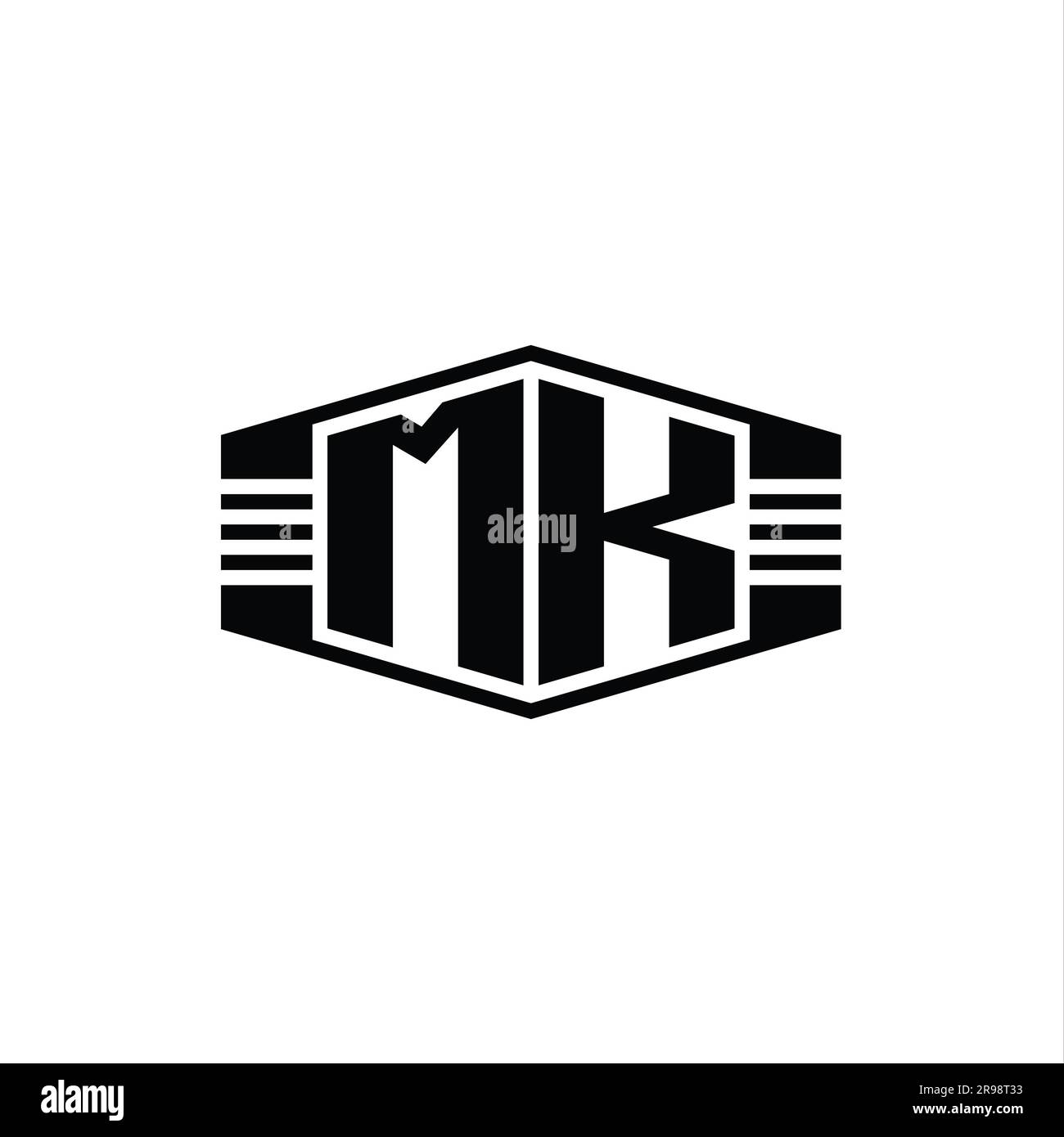 MK Letter Logo monogram hexagon emblem shape with stripes outline style ...