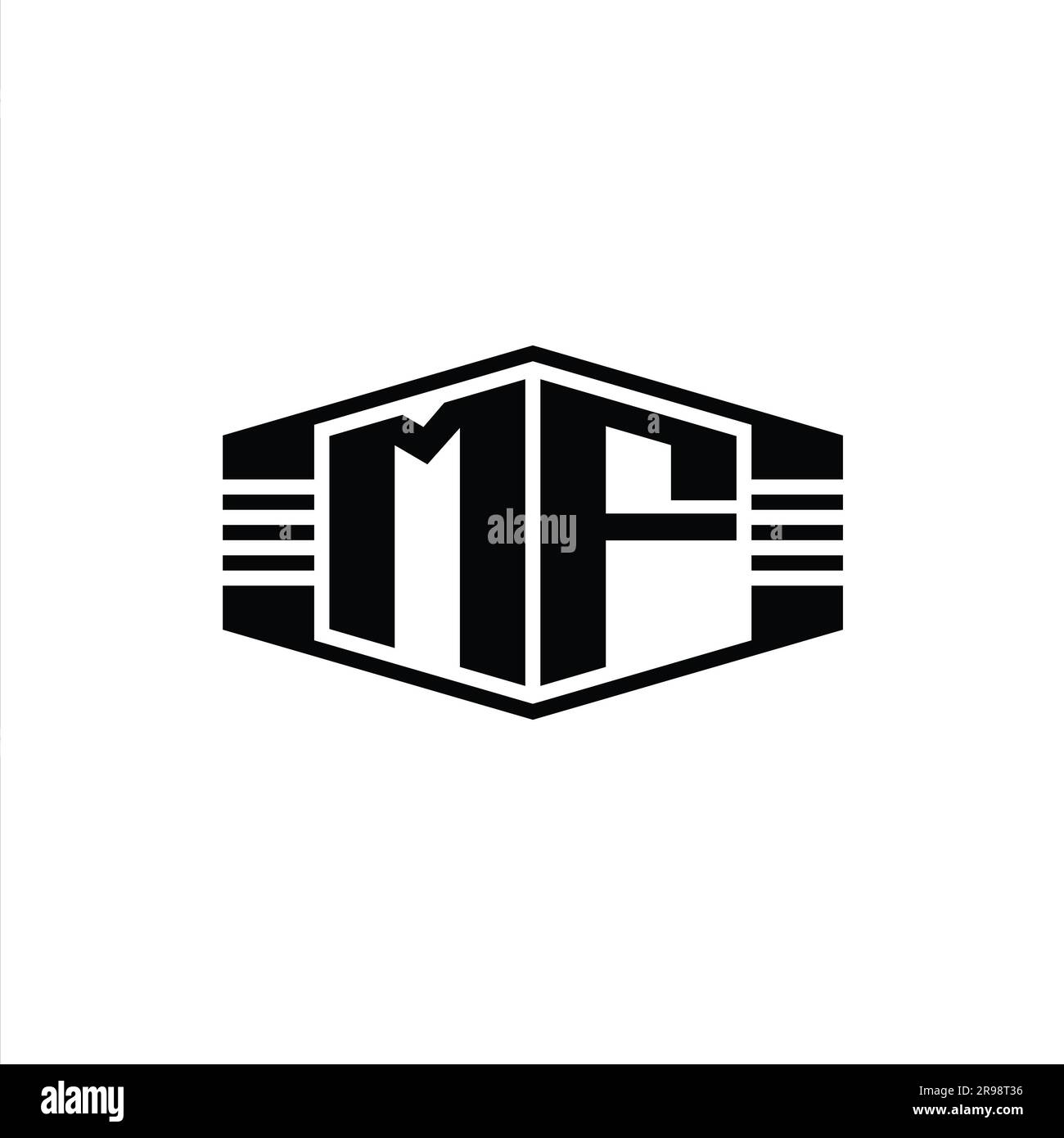 MF Letter Logo monogram hexagon emblem shape with stripes outline style ...
