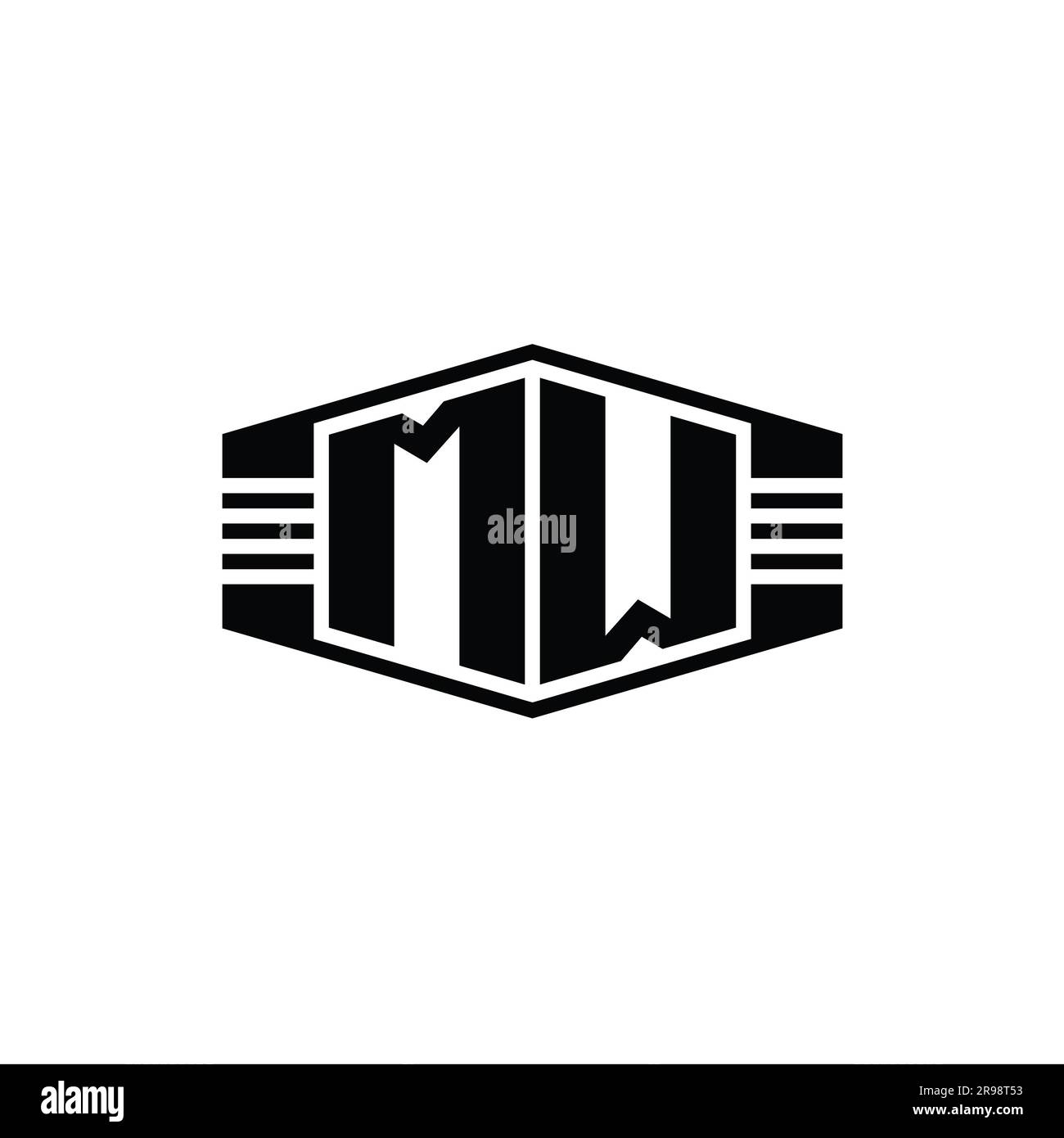 MW Letter Logo monogram hexagon emblem shape with stripes outline style ...