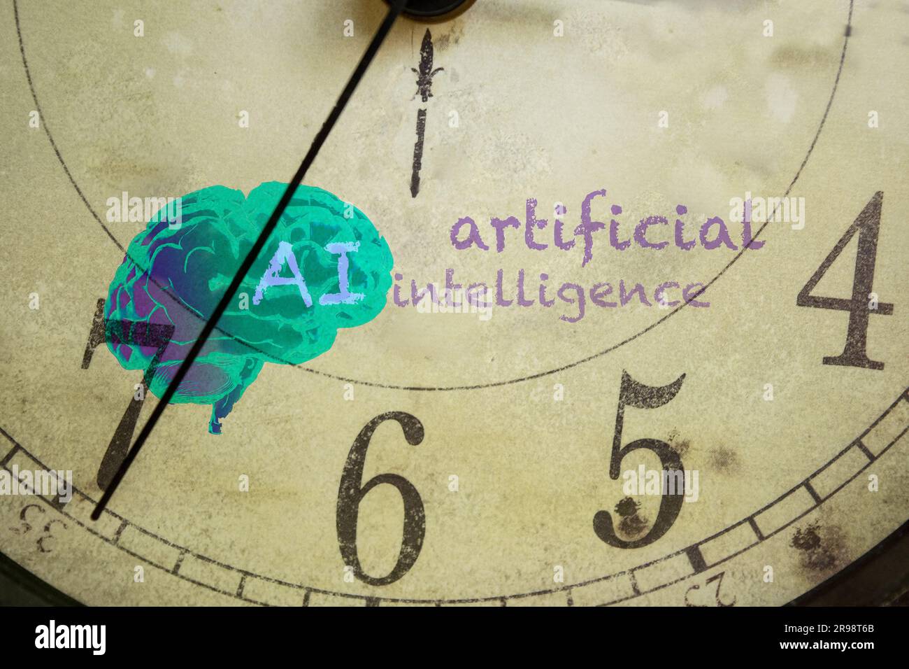 artificial intelligence depicted with an old clock and a human brain ...