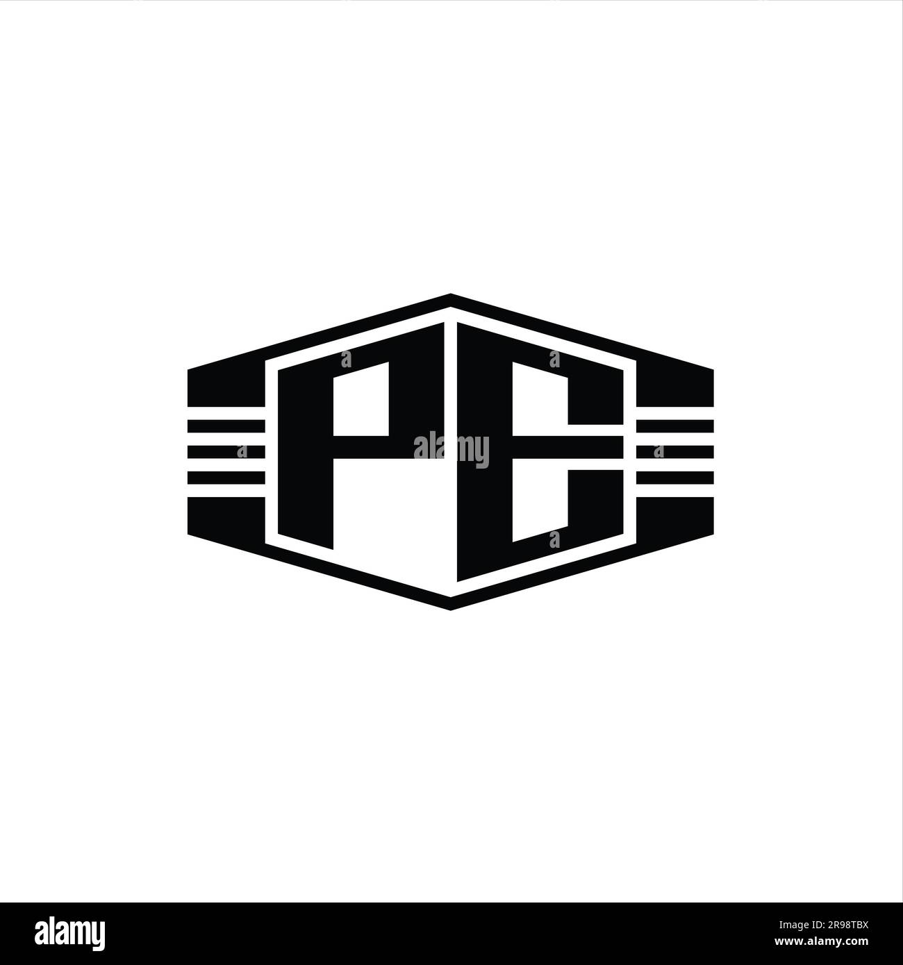 PE Letter Logo monogram hexagon emblem shape with stripes outline style ...