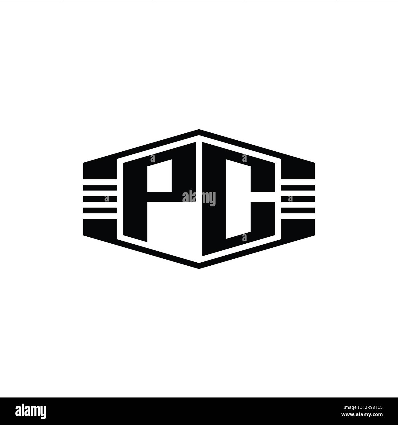 PC Letter Logo monogram hexagon emblem shape with stripes outline style ...
