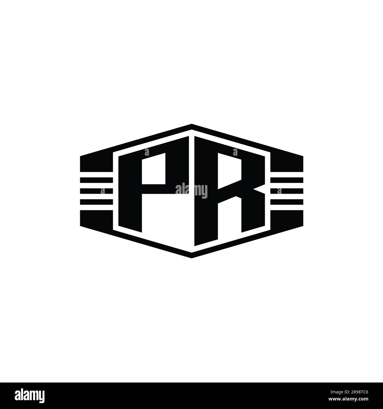 PR Letter Logo monogram hexagon emblem shape with stripes outline style ...