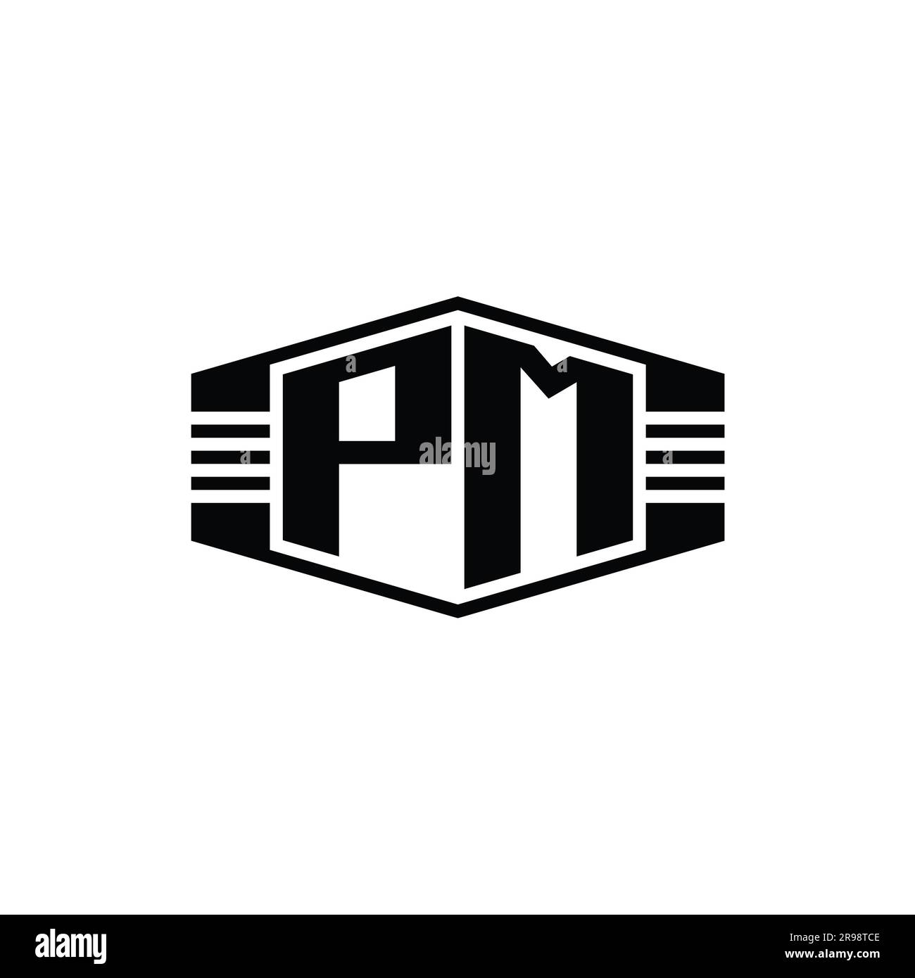 PM Letter Logo monogram hexagon emblem shape with stripes outline style ...
