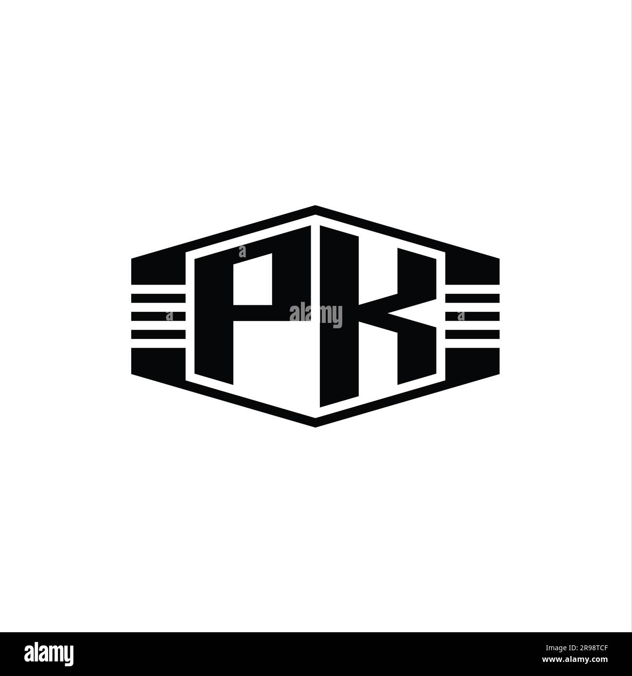 PK Letter Logo monogram hexagon emblem shape with stripes outline style ...