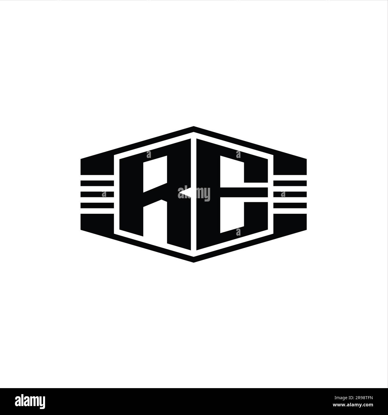 RE Letter Logo monogram hexagon emblem shape with stripes outline style ...