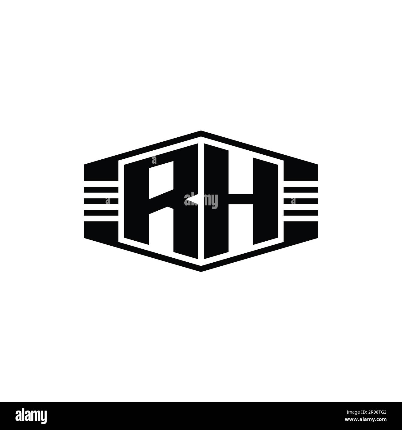 RH Letter Logo monogram hexagon emblem shape with stripes outline style ...