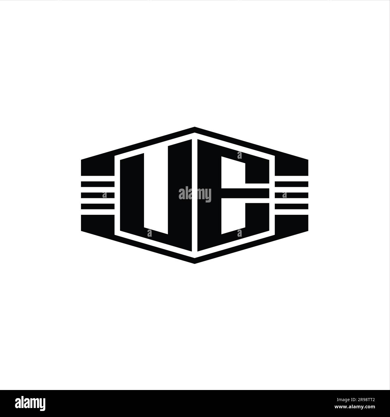 UE Letter Logo monogram hexagon emblem shape with stripes outline style ...