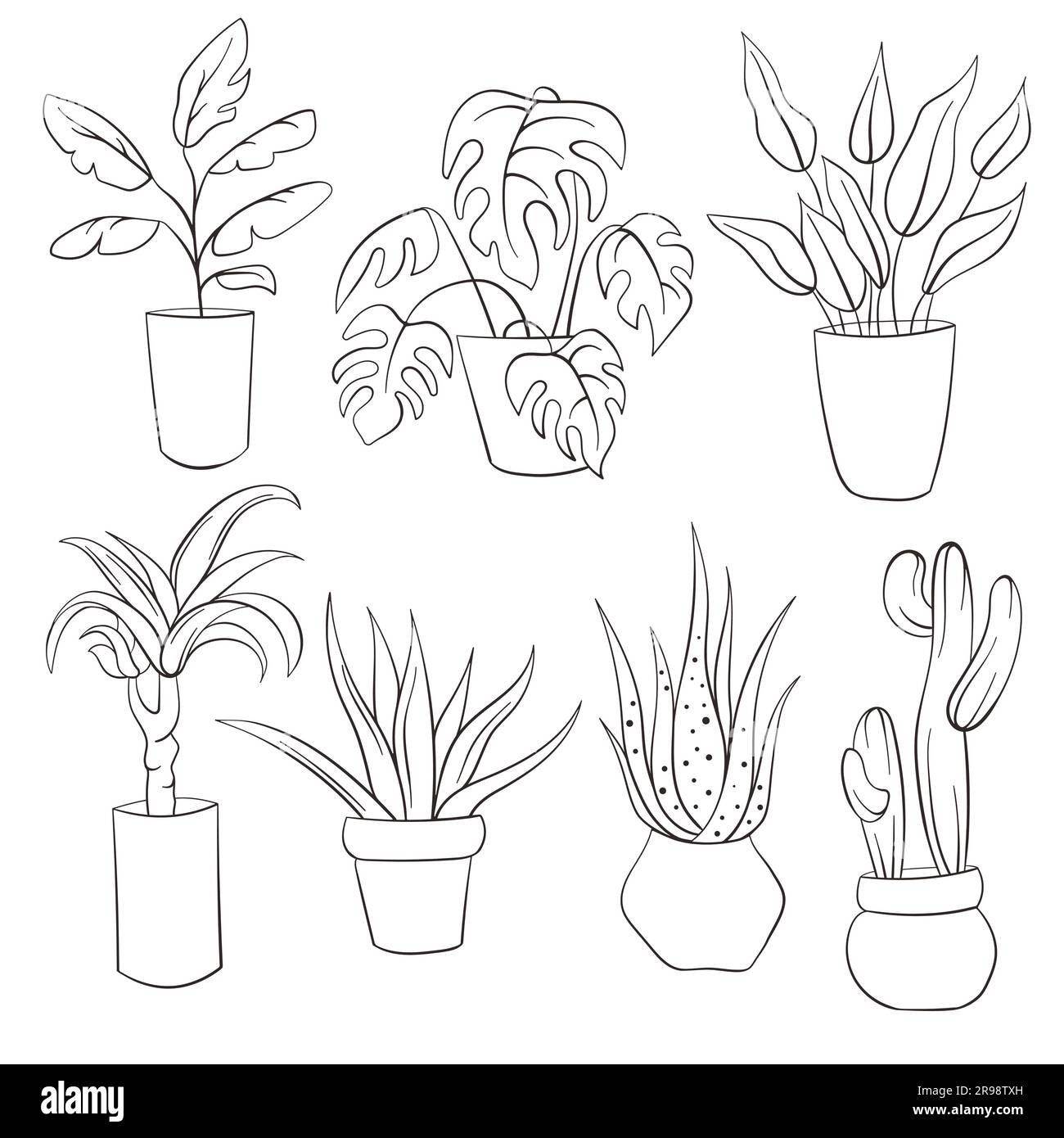 House plants line art style in pots, office flowers. Outline icon set ...