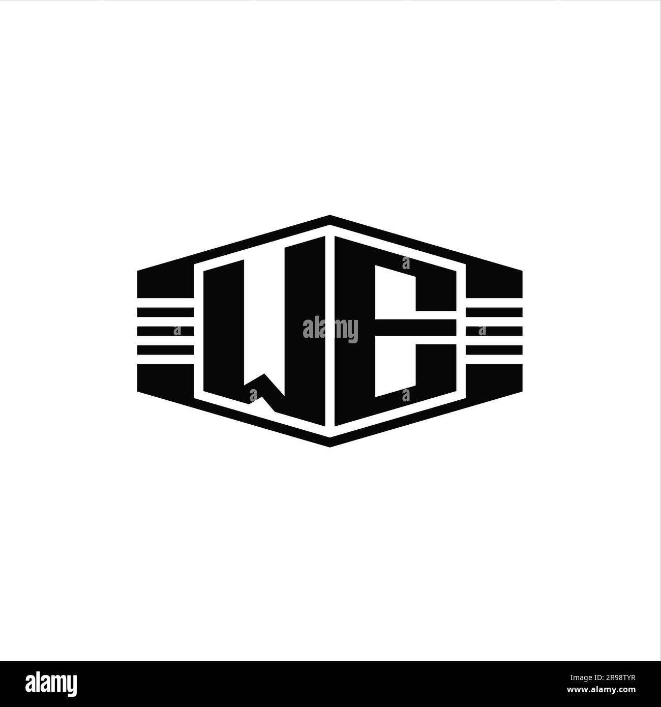 WE Letter Logo monogram hexagon emblem shape with stripes outline style ...