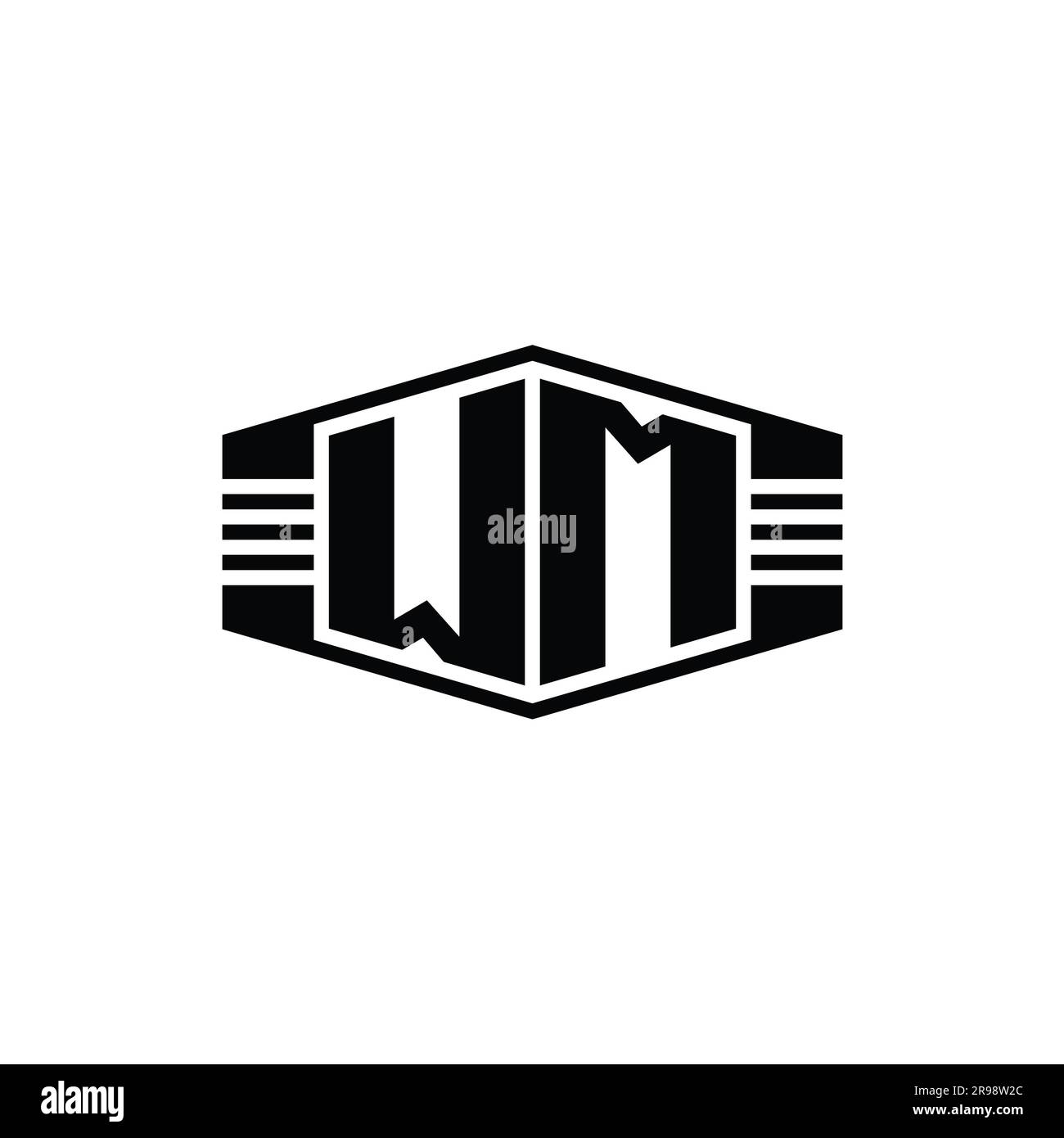 WM Letter Logo monogram hexagon emblem shape with stripes outline style ...