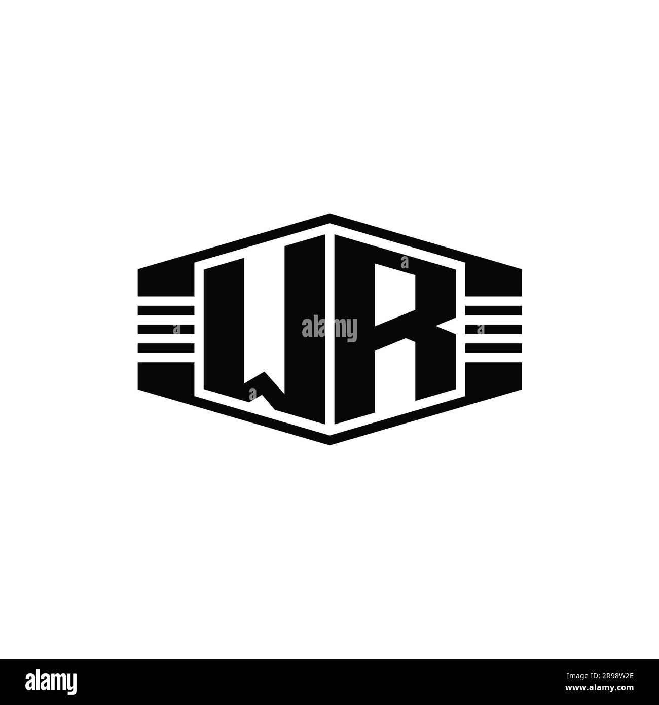WR Letter Logo monogram hexagon emblem shape with stripes outline style ...
